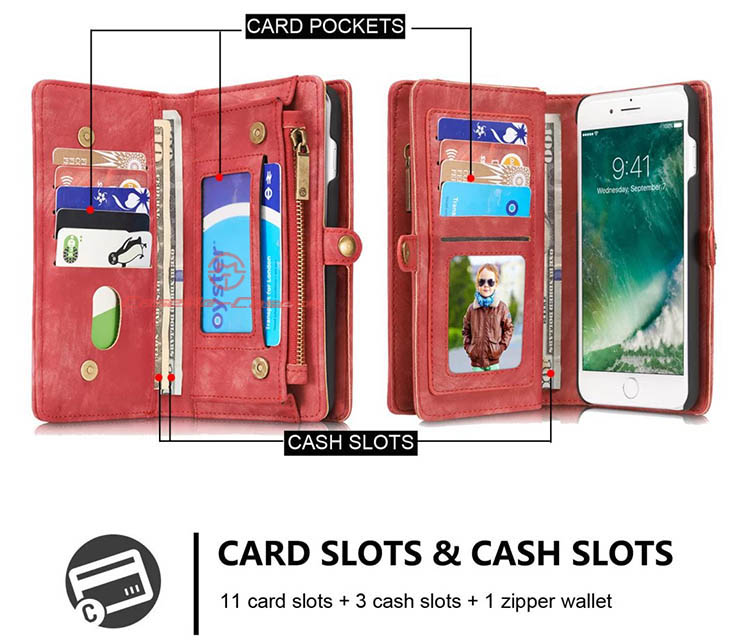 Caseme Iphone 7 Plus Detachable 2 In 1 Zipper Wallet Case Red